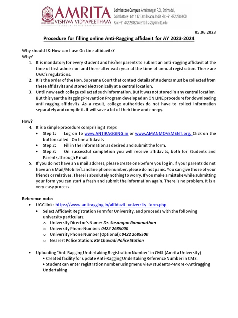 Anti-Ragging Affidavit Filing Procedure - AY 23 - 230728 - 131503 | PDF ...