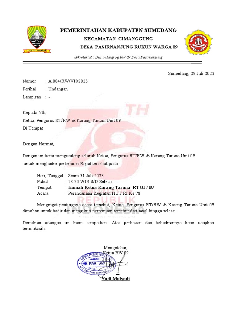 Surat Undangan Rapat RW 09 | PDF