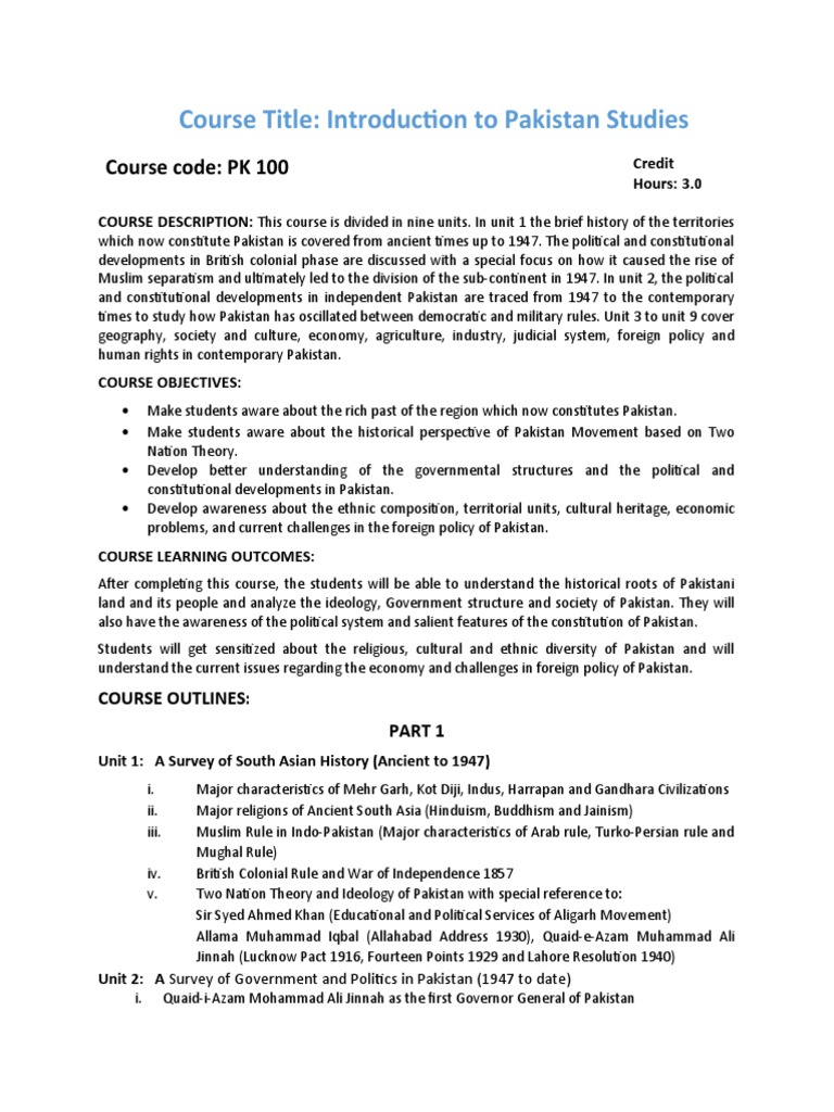 PK 100 Introduction To Pakistan Studies (Course Outline) | PDF ...