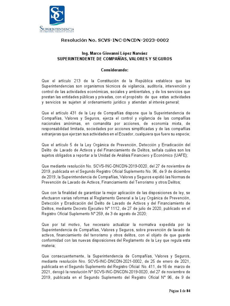 Resolución No. Scvs-Inc-dncdn-2023-0002 - Normas de Lavado de Activos 20 de Enero de 2023 ...