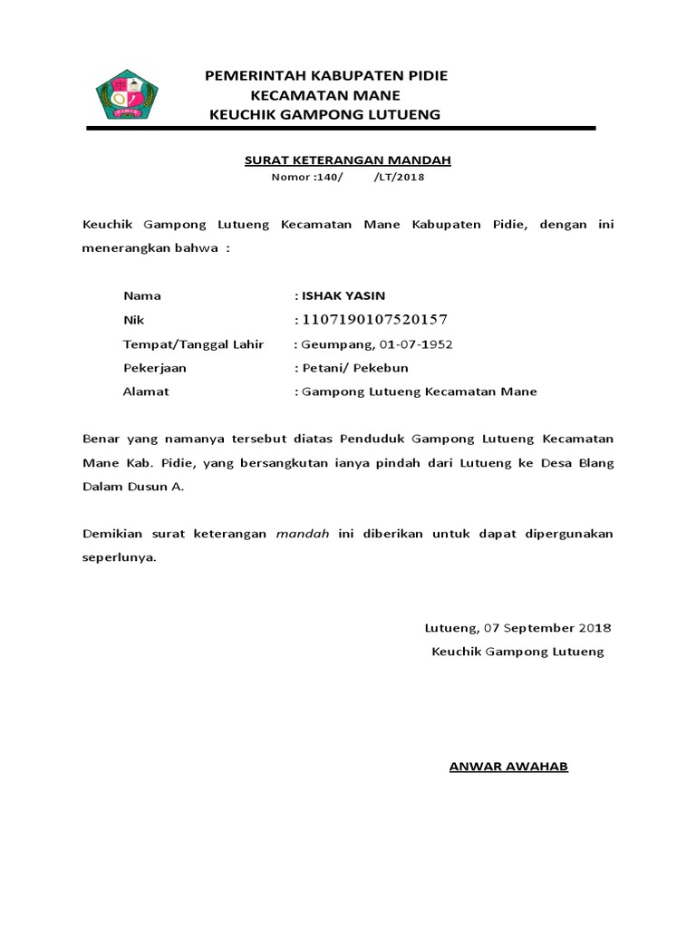 Surat Keterangan Mandah | PDF