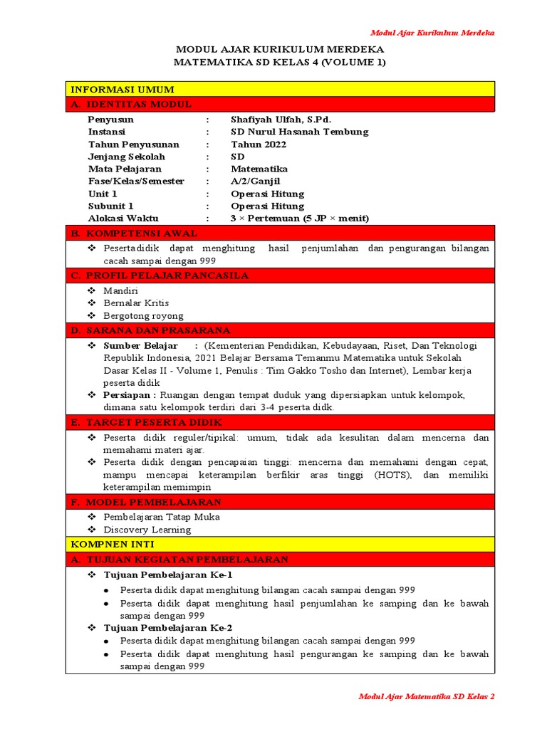 Modul Ajar MTK Unit 1 Kelas 2 Semester 1 | PDF | Art Modul Ajar MTK Unit 1 Kelas 2 Semester 1 | PDF | Art