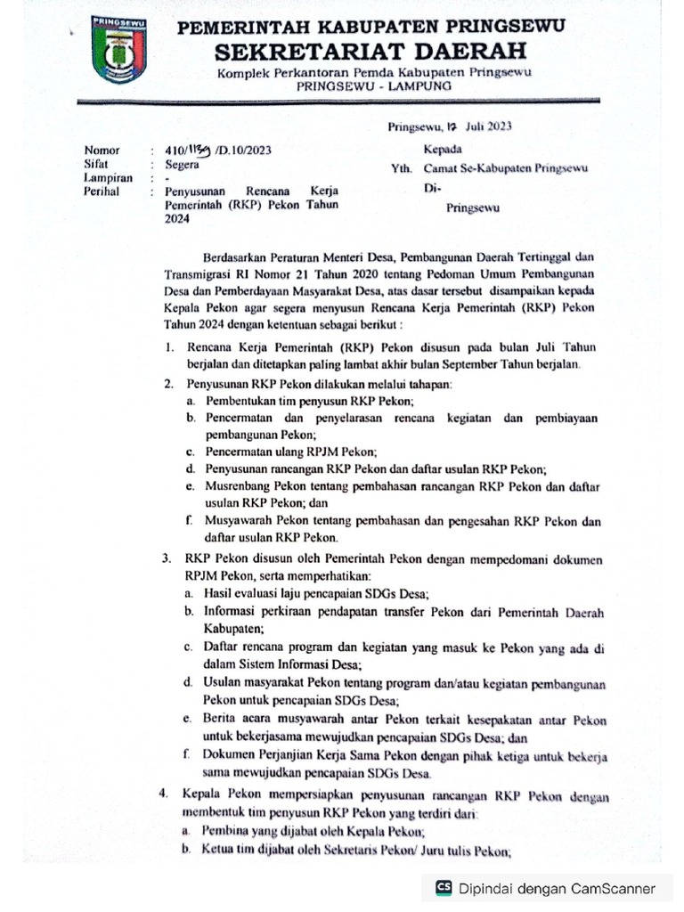 Penyusunan Rencana Kerja Pemerintah RKP Pekon Tahun 2024 | PDF