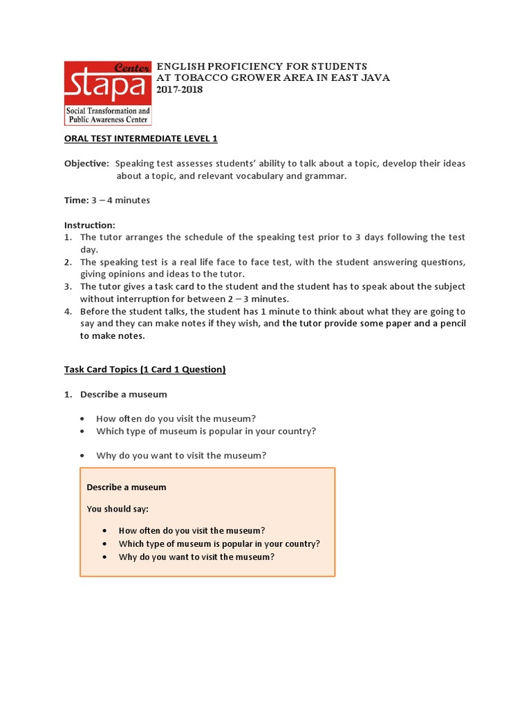 English Speaking Test - Intermediate I | PDF