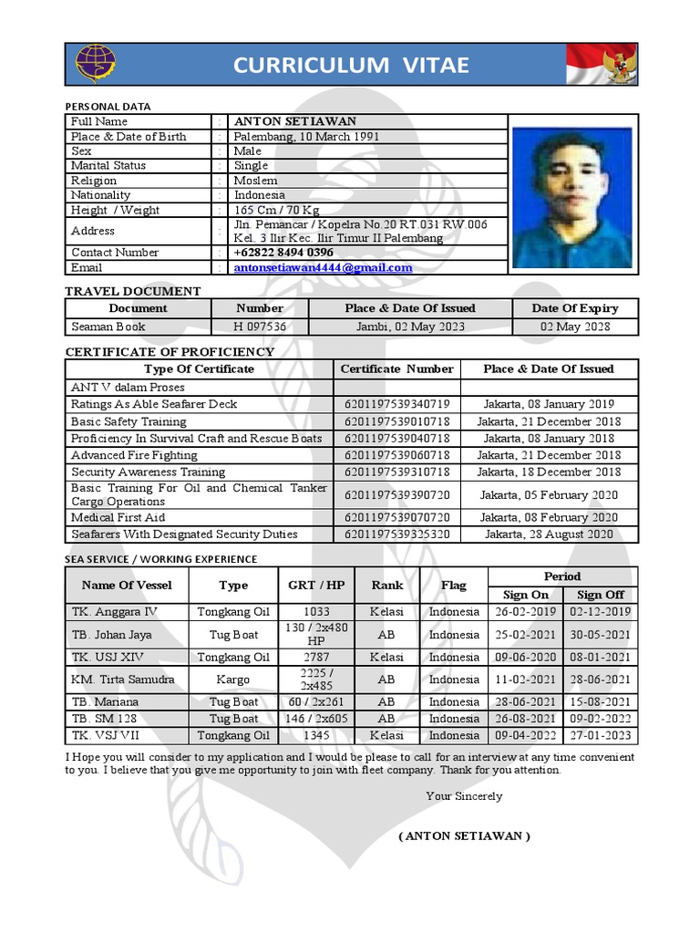 CV Anton Setiawan | PDF | Sailor | Water Transport