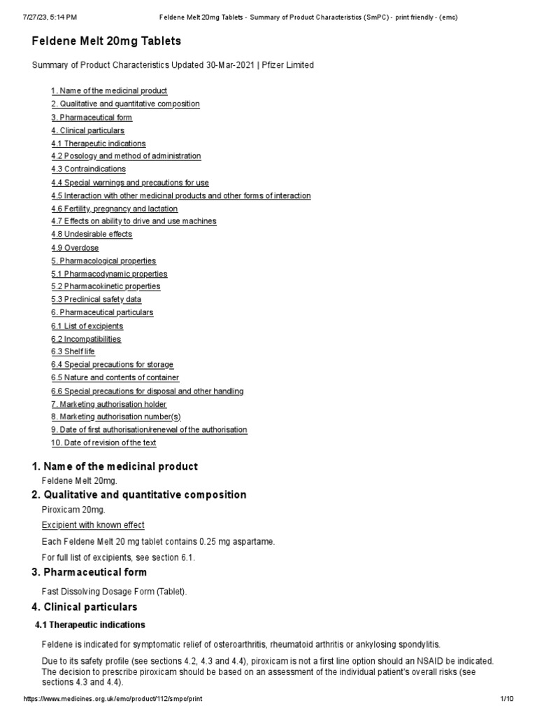 Feldene Melt 20mg Tablets - Summary of Product Characteristics (SmPC ...