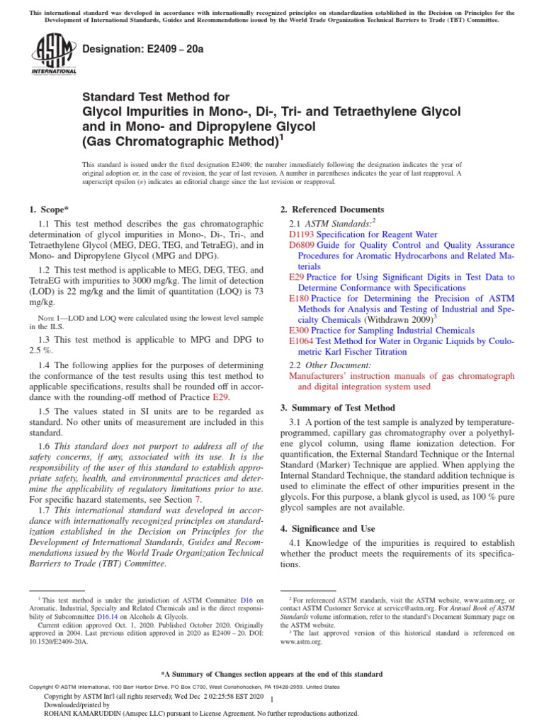 ASTM E2409-20a Standard Test Method For Glycol Impurities in Mono-, Di ...