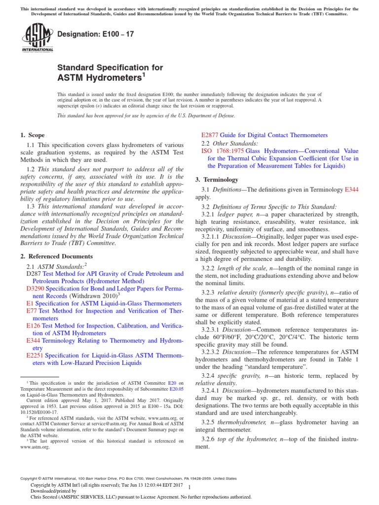 E100-17 Specification For ASTM Hydrometers | PDF | Volume | Physical ...