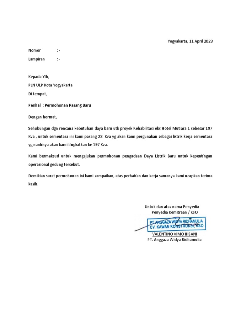 Surat Ke Pengawas Presentasi Permohonan Pasang Baru Listrik | PDF