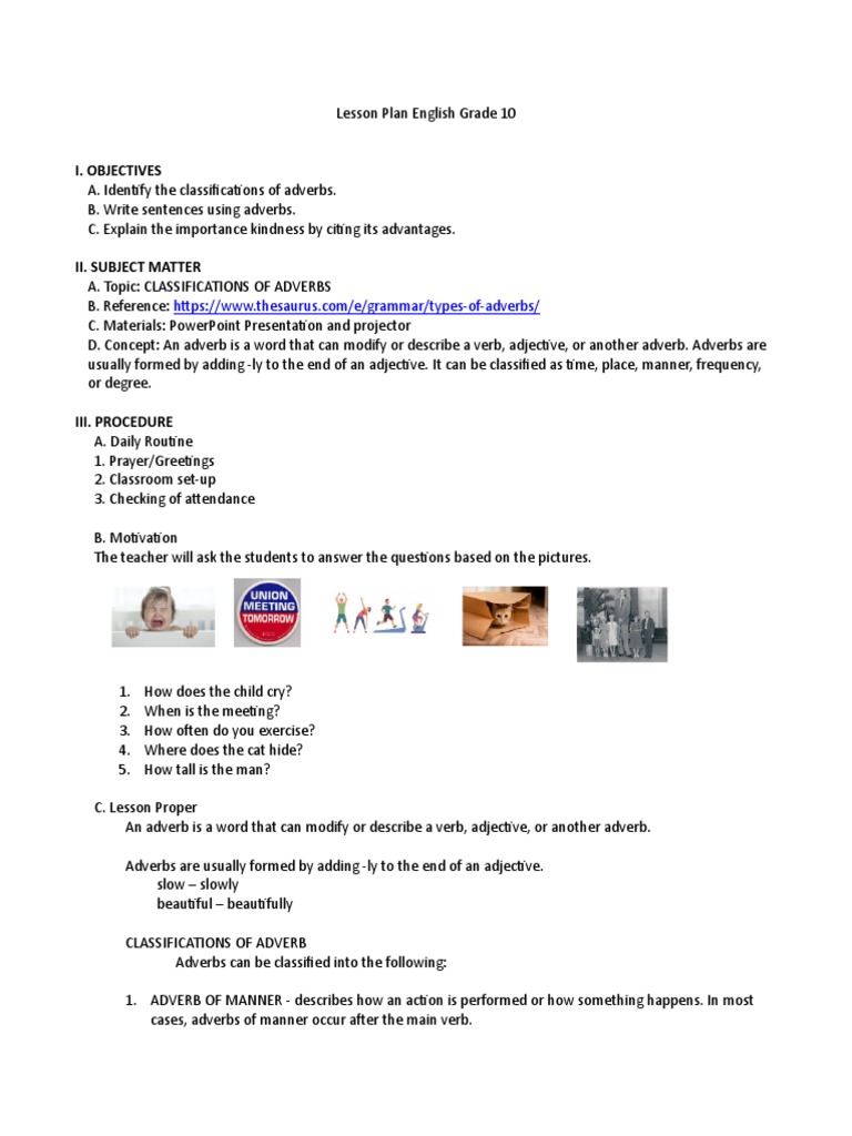Grade 10 Adverb Lesson Plan | PDF