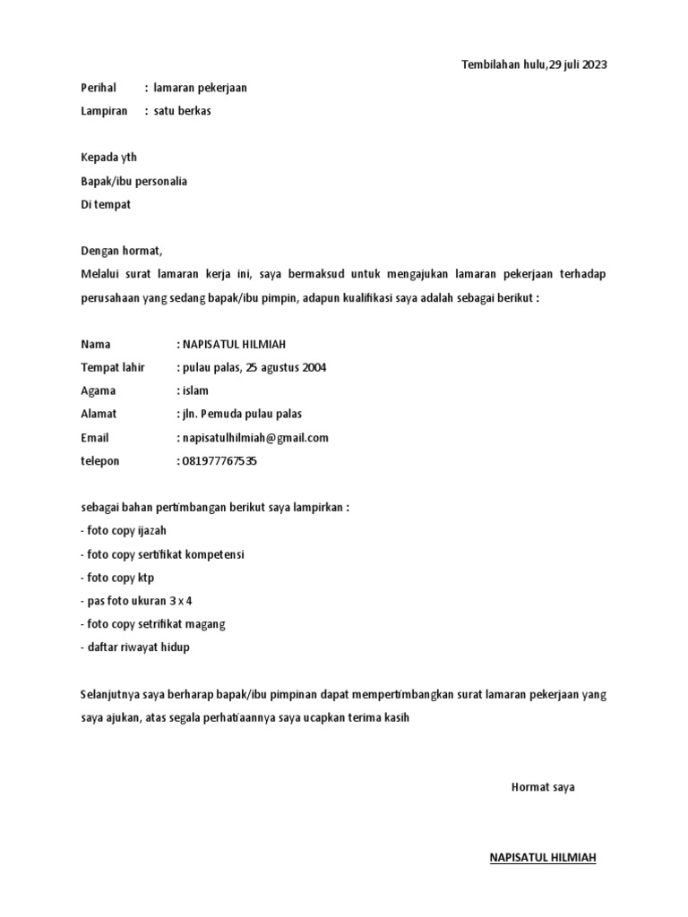 Surat dan Lamaran dari Tembilahan | PDF
