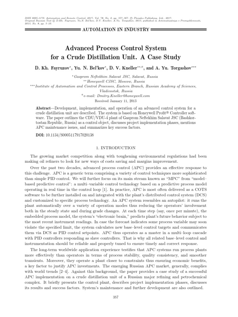 Advanced Process Control System For A Crude Distillation Unit - A Case ...