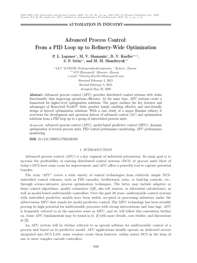 Advanced Process Control - From A PID Loop Up To Refinery-Wide ... Advanced Process Control - From A PID Loop Up To Refinery-Wide ...