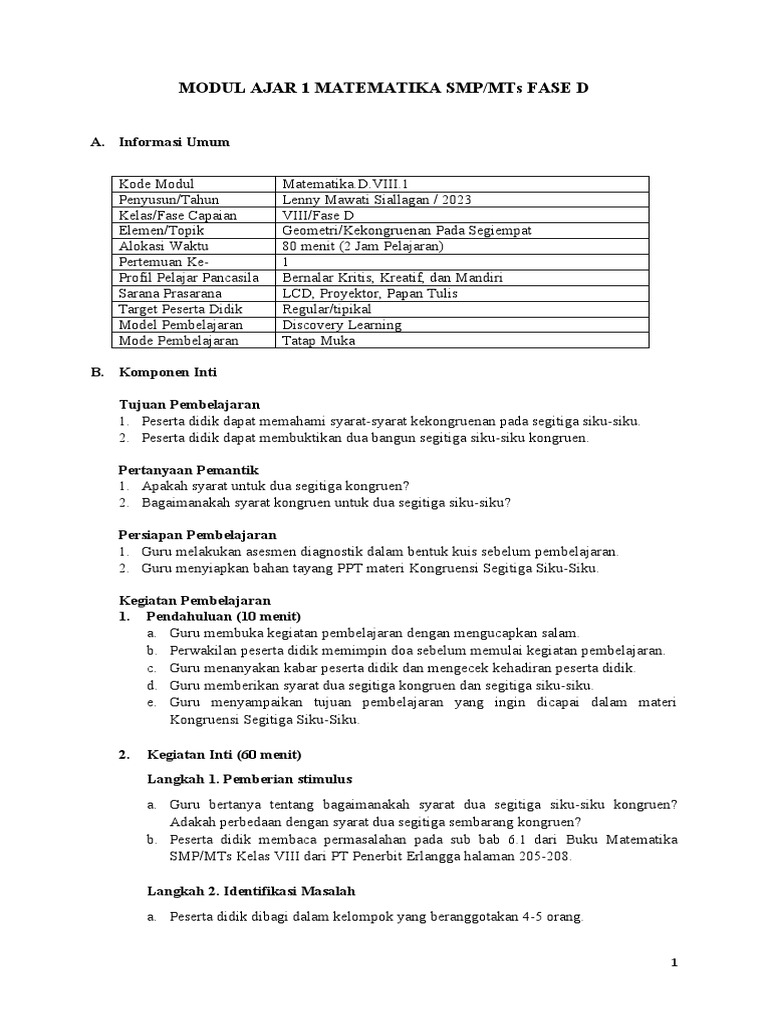 Modul Ajar Matematika SMP Kelas Viii Bab 6 | PDF
