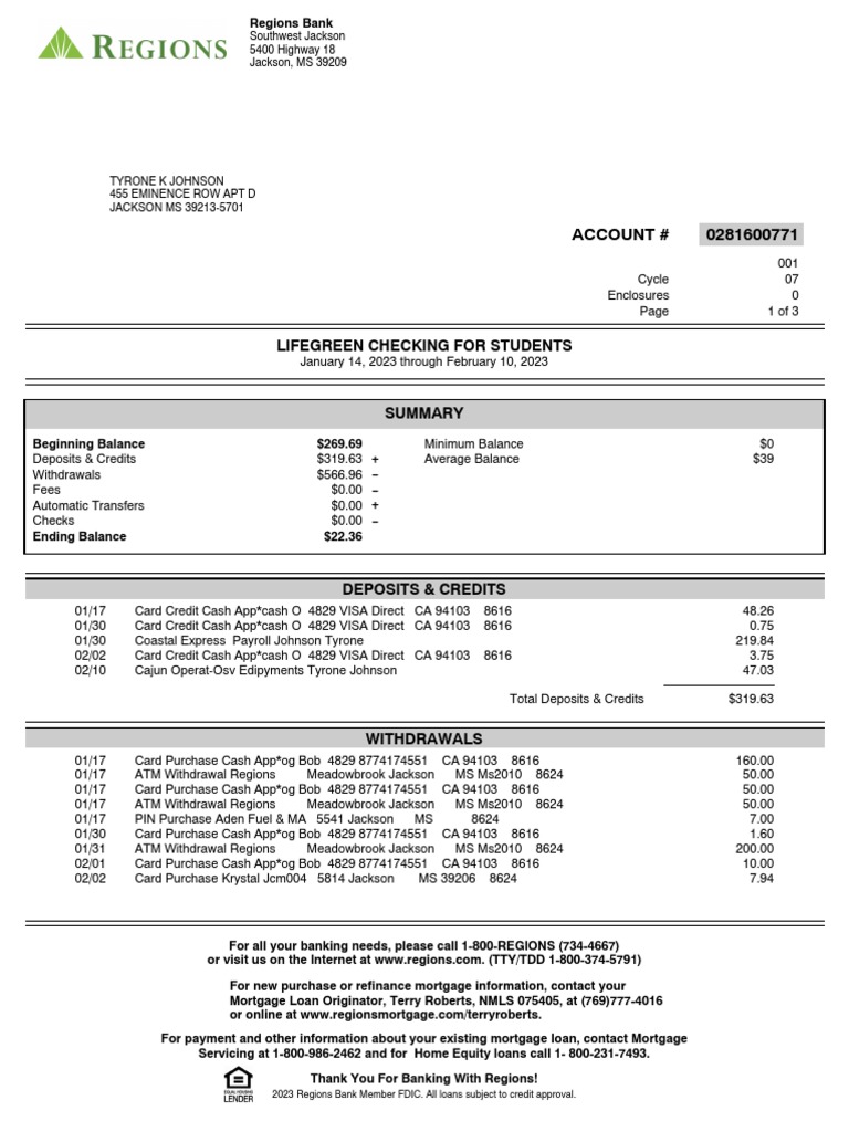 Regions Bank Student Checking Summary | PDF | Banks | Cheque