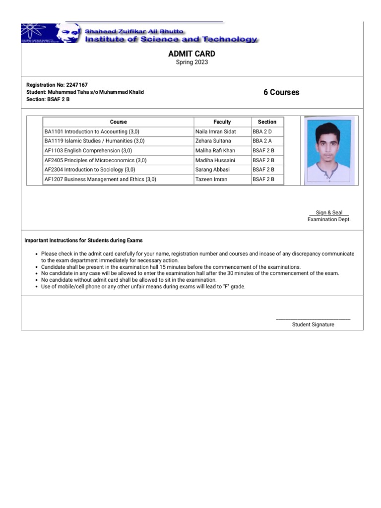 SZABIST Karachi Admit Card - Spring 2023 | PDF