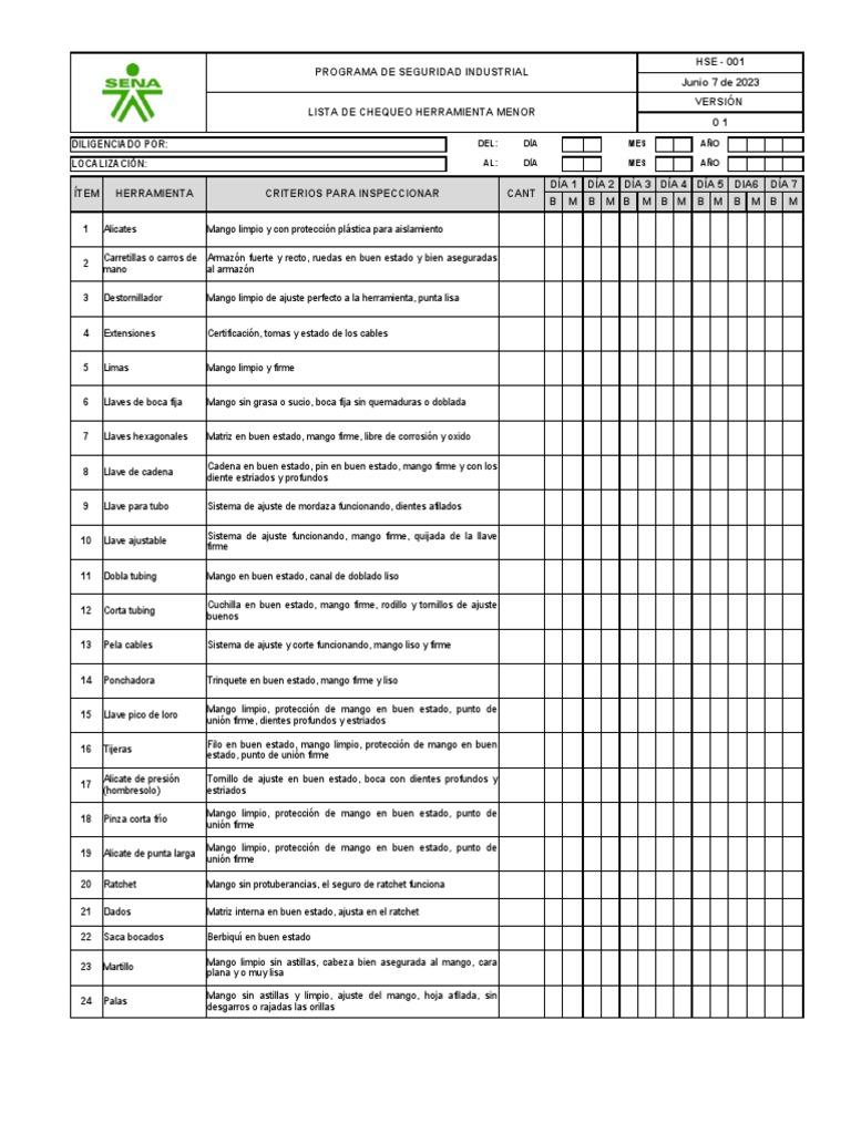 Formato Lista de Chequeo de Herramienta Menor | PDF