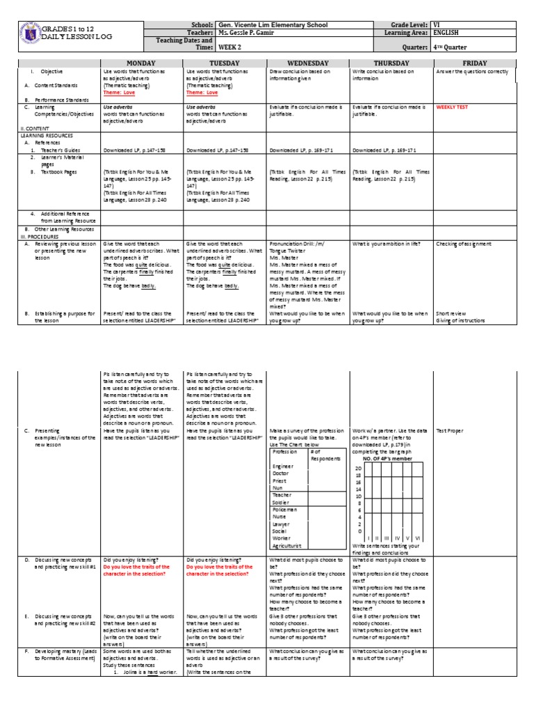Grade 6 DLL ENGLISH 6 Q4 Week 2 | PDF | Adverb | Adjective