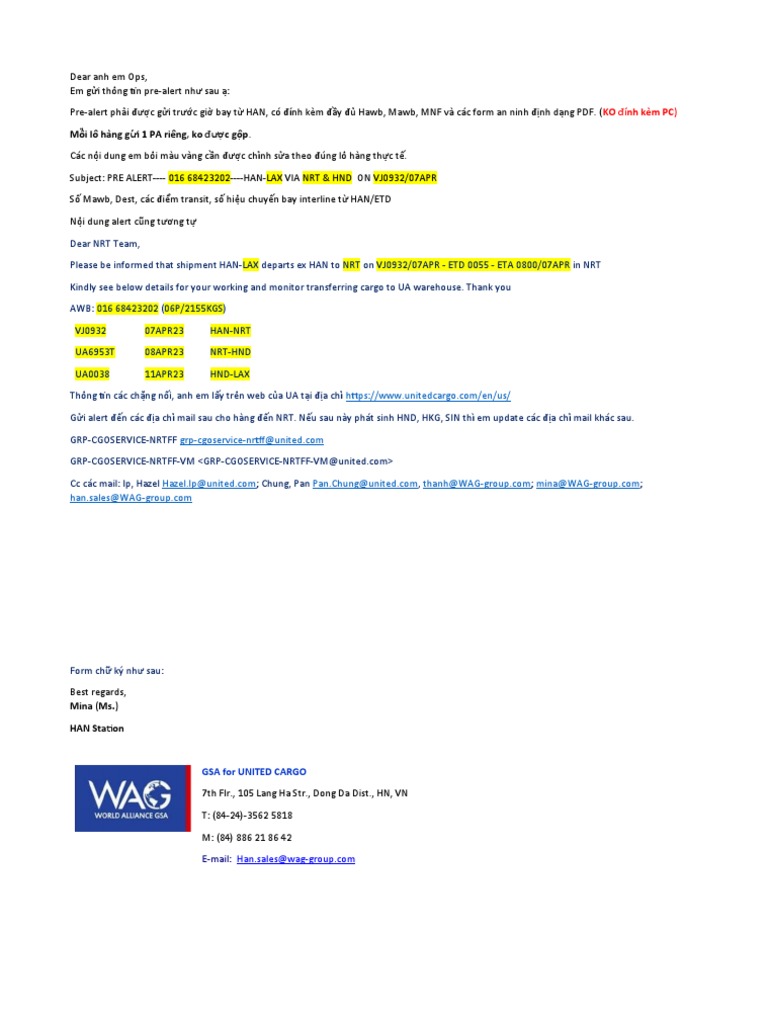 Hướng Dẫn Gửi Pre-Alert UA | PDF