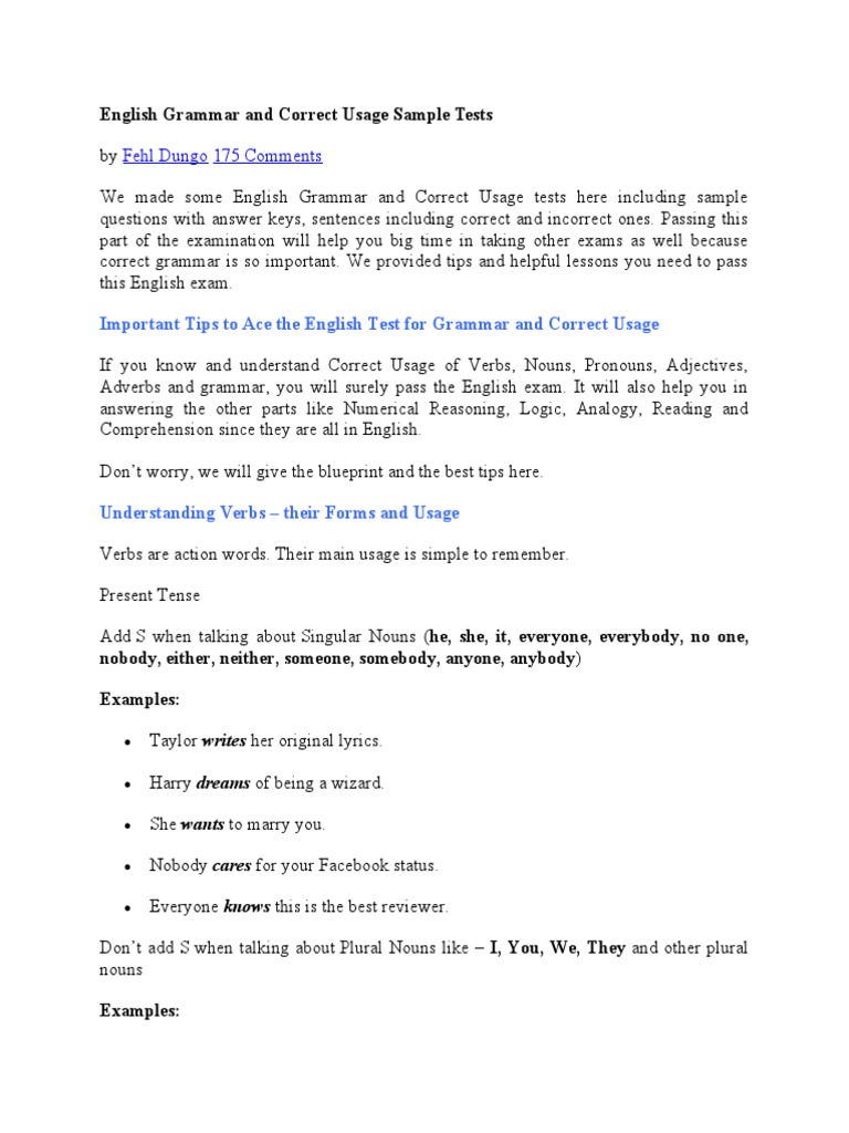 English Grammar and Correct Usage Sample Tests | Download Free PDF ...