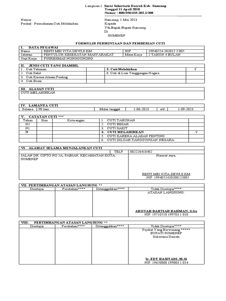 Form Cuti Melahirkan Resti | PDF