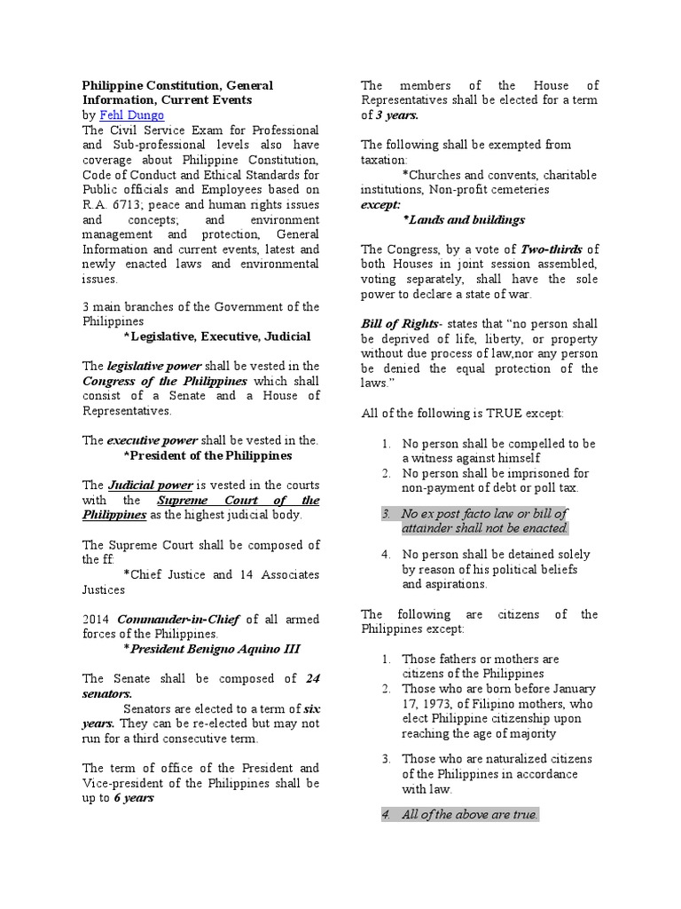 Civil Service Exam-Phil - Consti. | PDF | Philippines | President Of ...