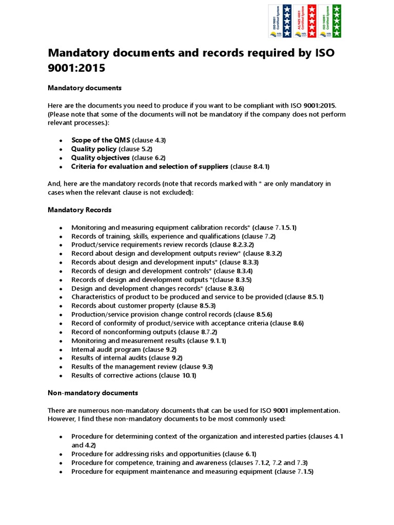 Mandatory Documents for ISO 9001:2015 | PDF | Iso 9000 | Internal Audit