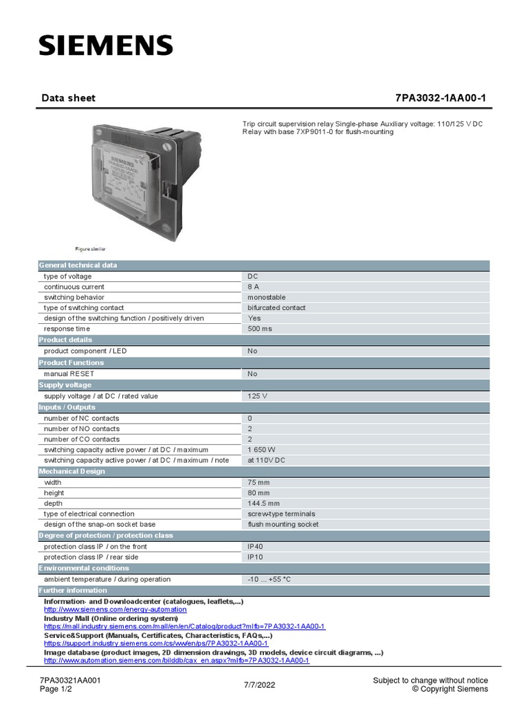 7PA30321AA001 Datasheet en | PDF | Switch | Relay