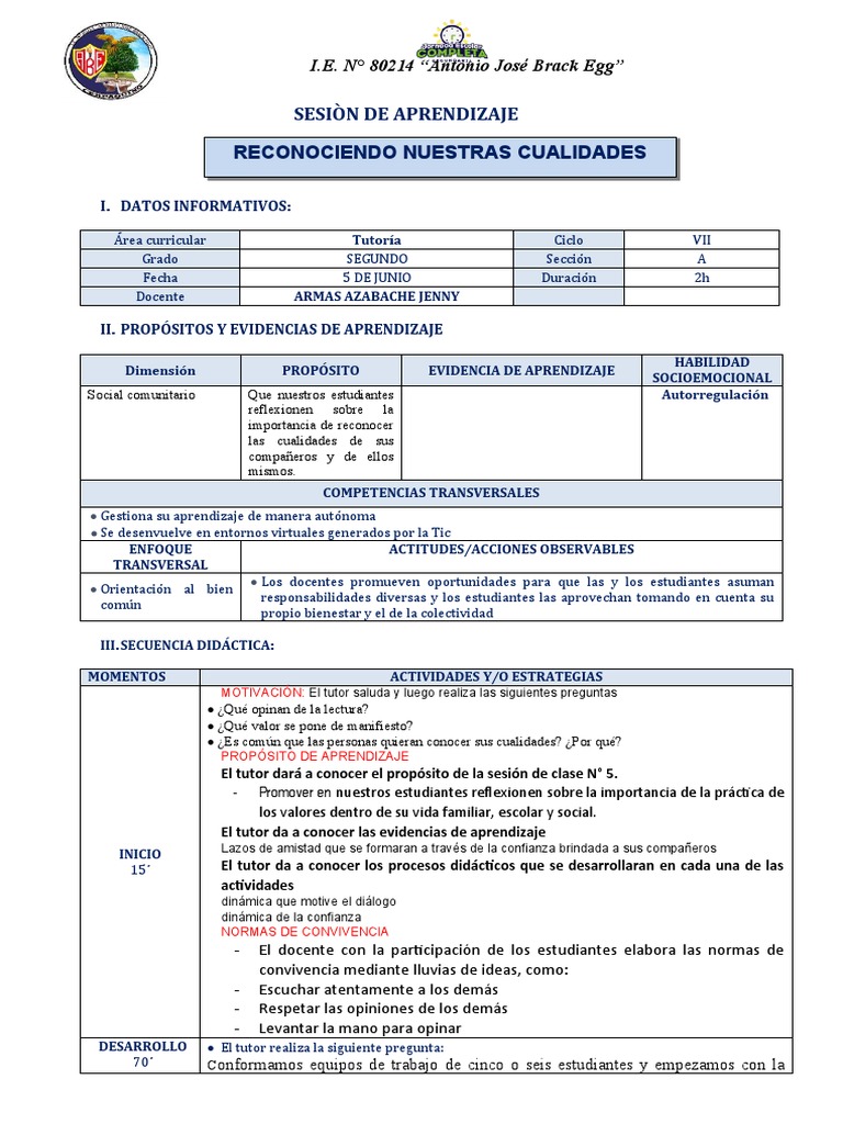 SESION DE TUTORIA N 5 - 5 de Junio | PDF | Aprendizaje | Salón de clases