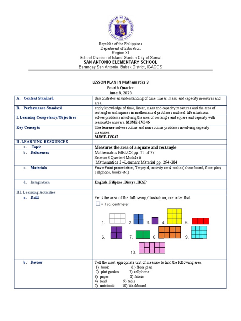 Measure Square and Rectangle For Grade 3 | PDF | Area | Learning