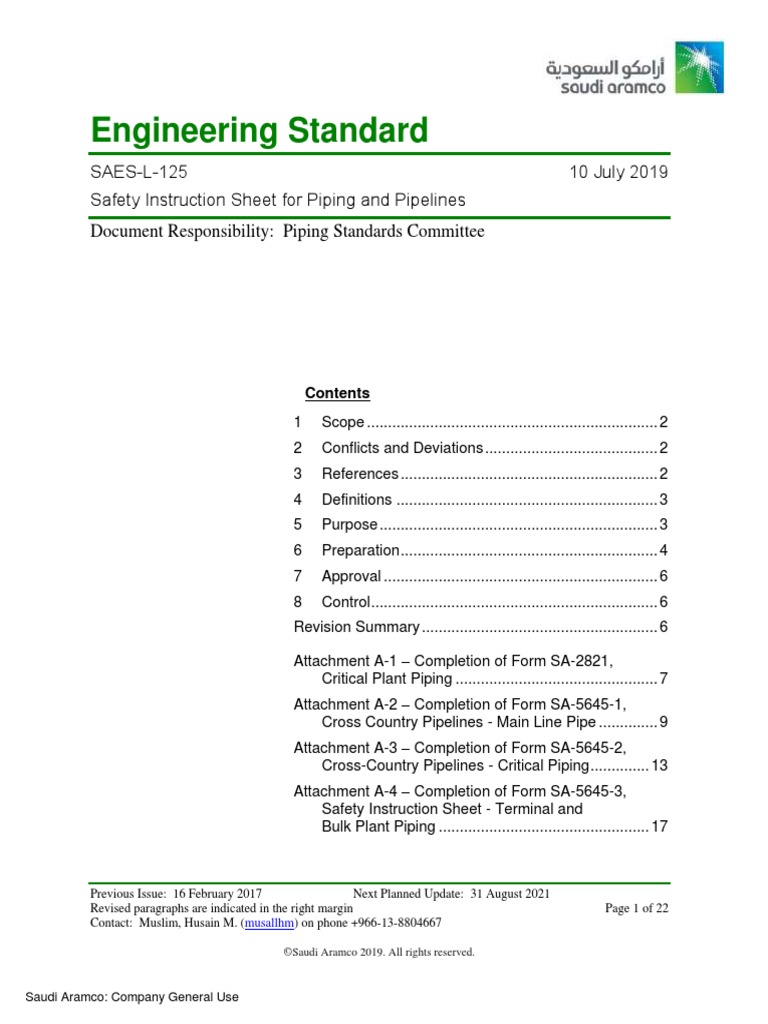 Saes L 125 | PDF | Pipe (Fluid Conveyance) | Pipeline Transport