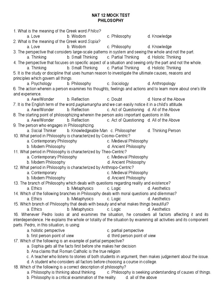 PHILOSOPHY Mock Test | PDF | Free Will | Thought
