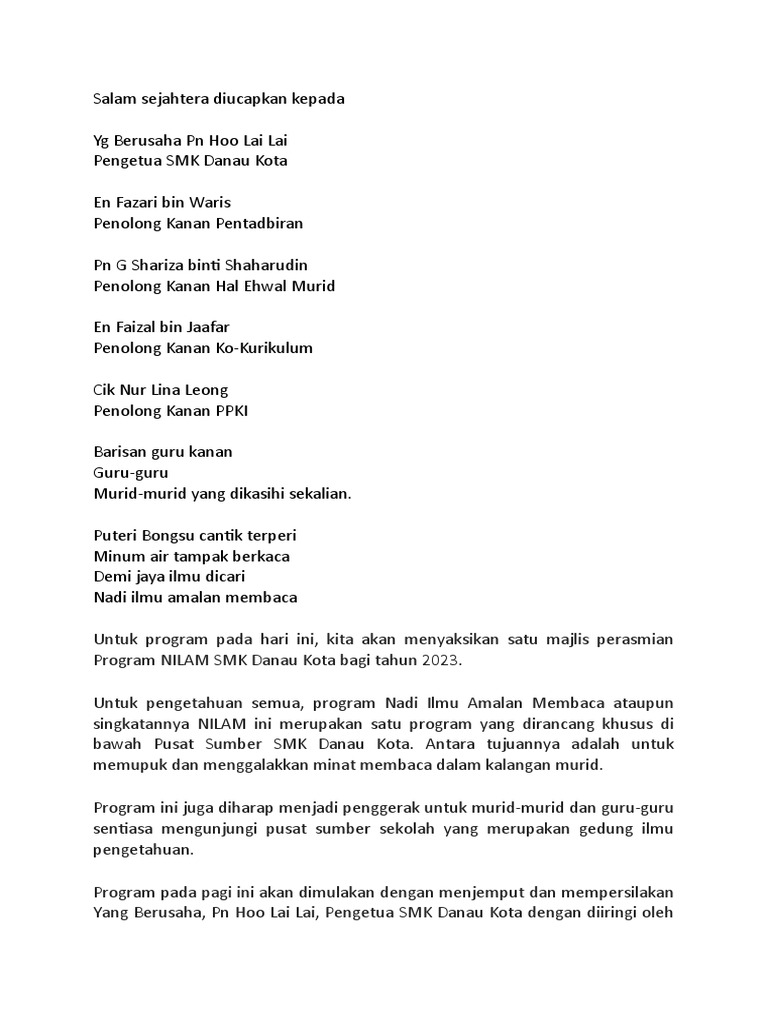 Teks Emcee Program Nilam | PDF