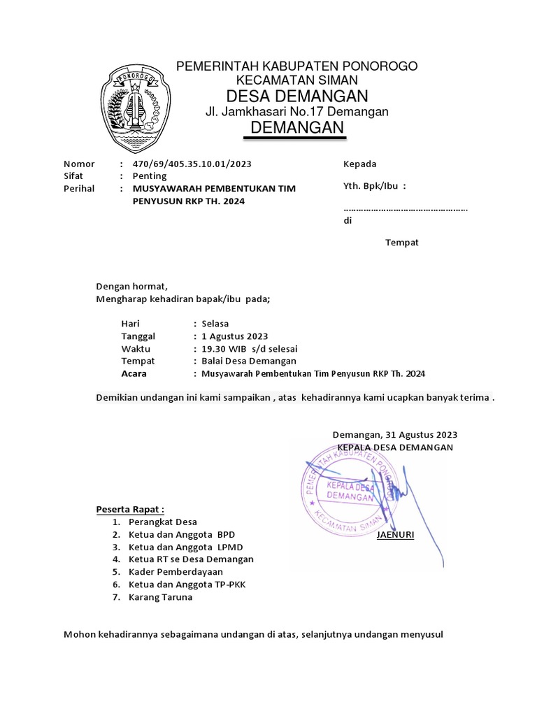 Undangan Pembentukan Tim Penyusun RKP | PDF