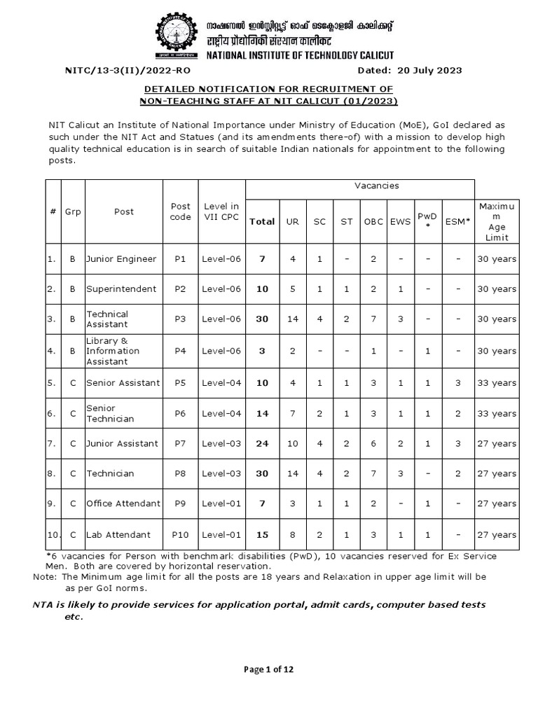 NITC/13-3 (II) /2022-RO Dated: 20 July 2023 Detailed Notification For ...