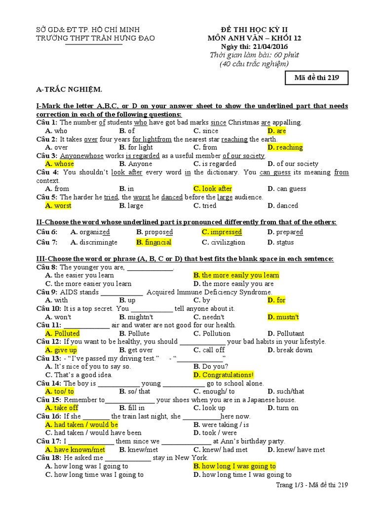 De Thi Hkii - Anh 12 - 219 | PDF | Extinction