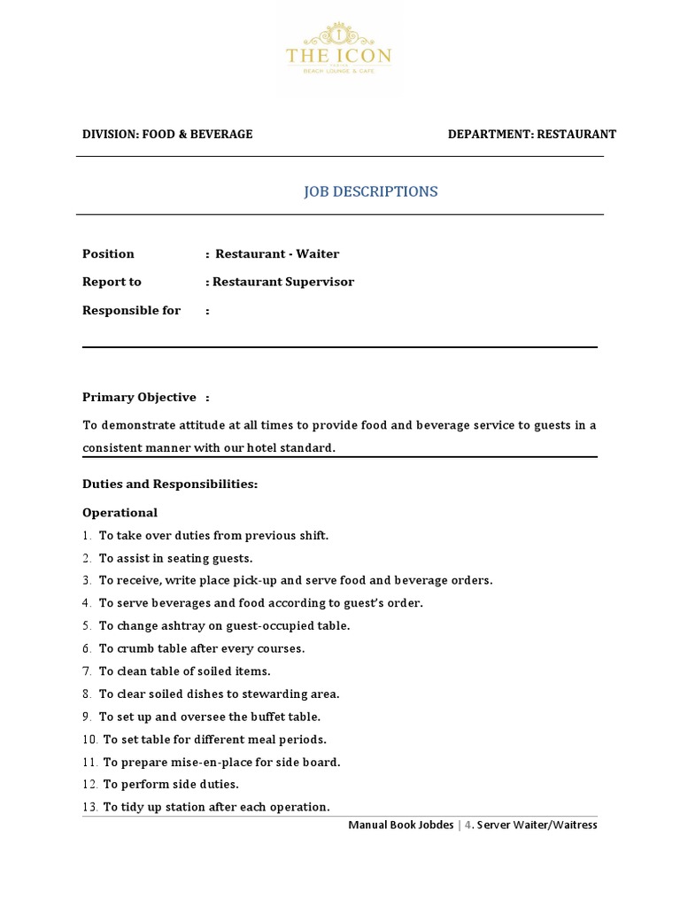 Server Waiters Waitress - Restaurant | PDF | Waiting Staff | Restaurants