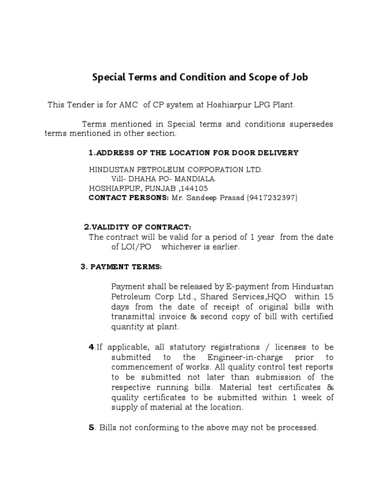 Special Terms and Condition and Scope of Job: 1.address of The Location ...