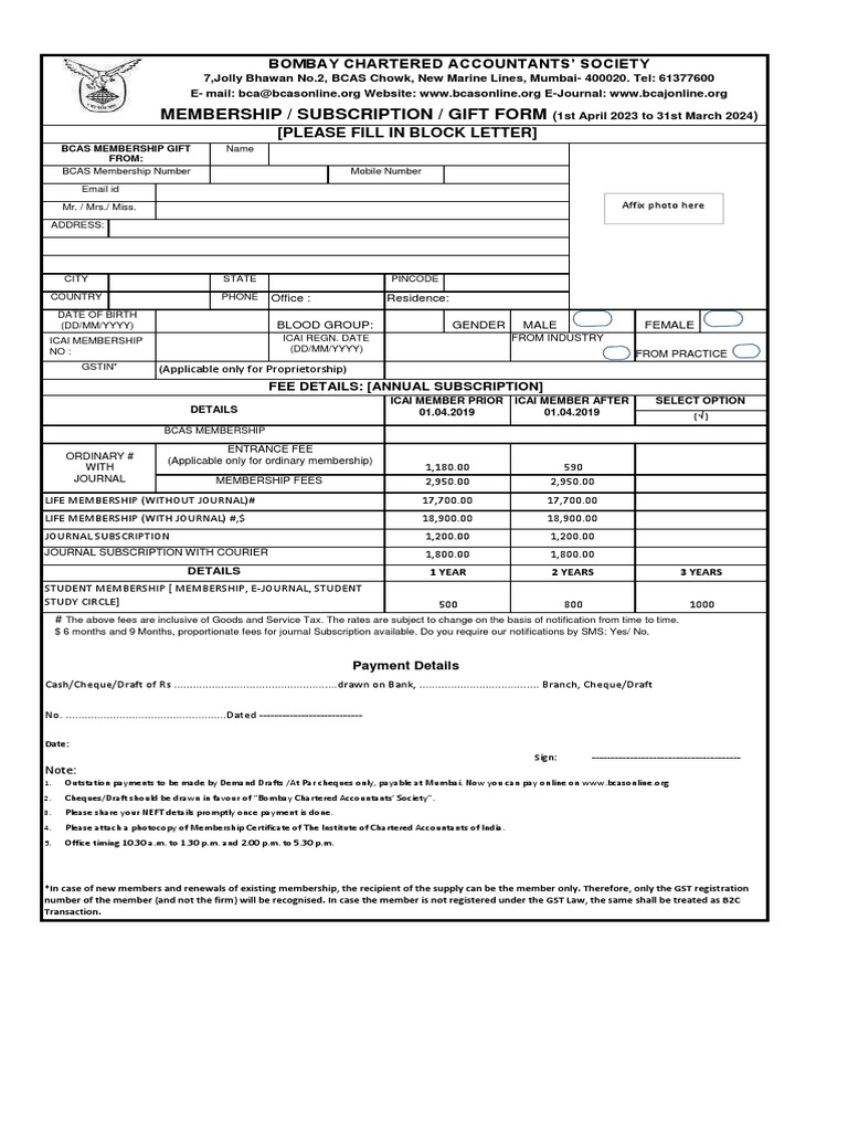 BCAS Membership Form | PDF | Cheque | Service Industries