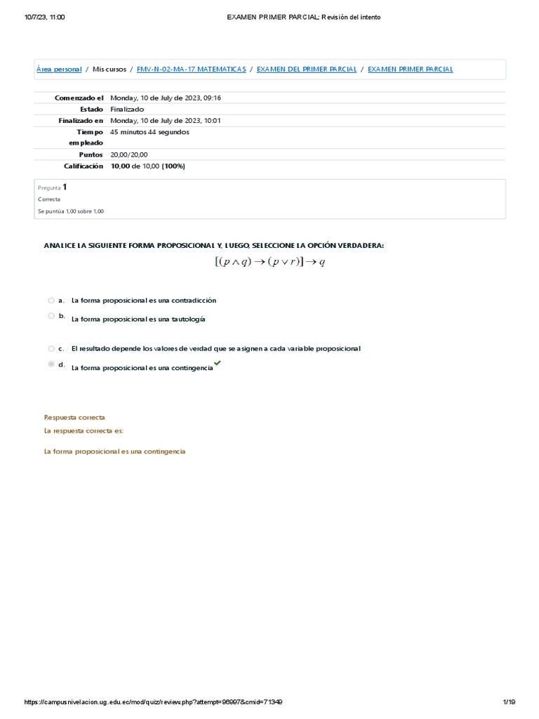 EXAMEN PRIMER PARCIAL - Revisión Del Intento | PDF | Proposición | Interpretación (filosofía)
