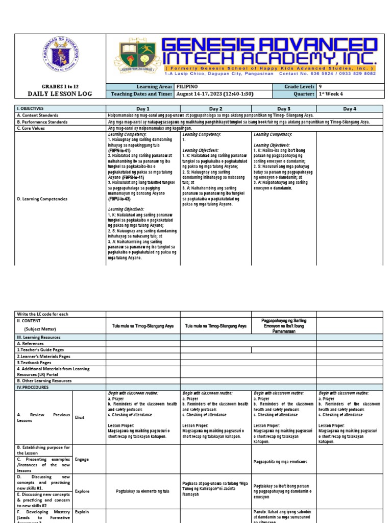 DLL Filipino 9 Week 1 Q1 | PDF
