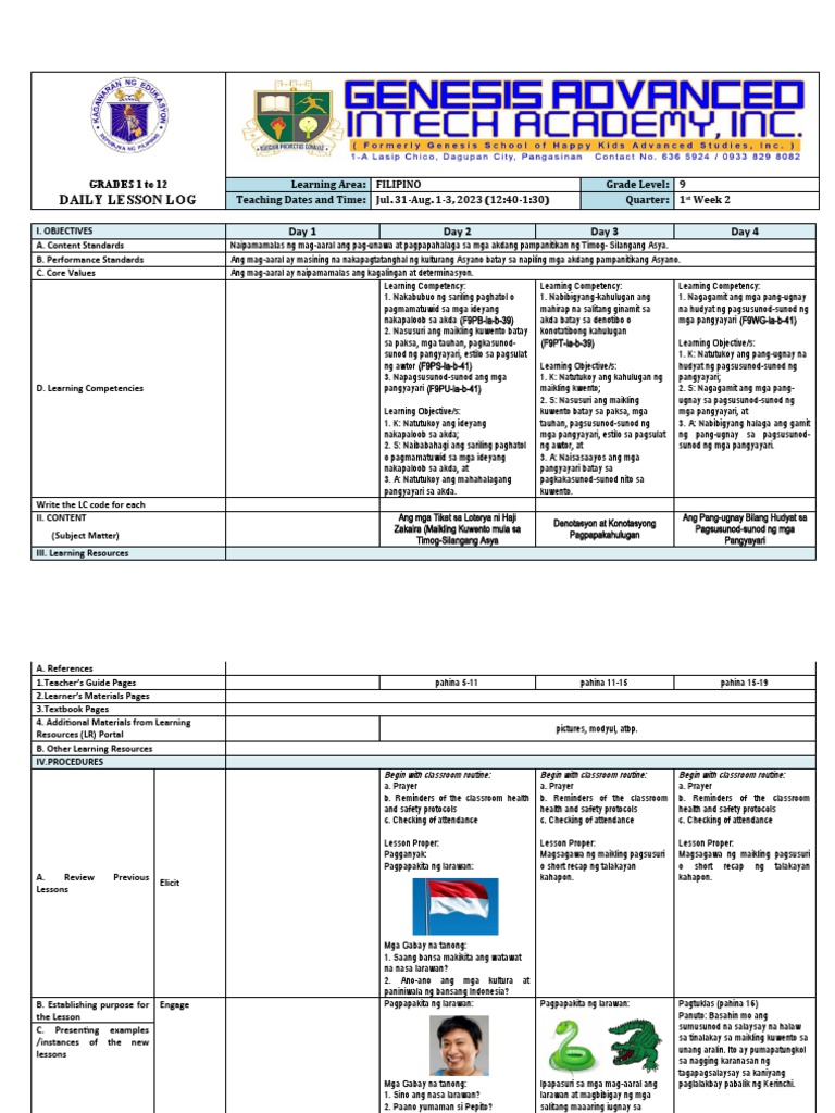 DLL Filipino 9 2nd Week Q1 | PDF