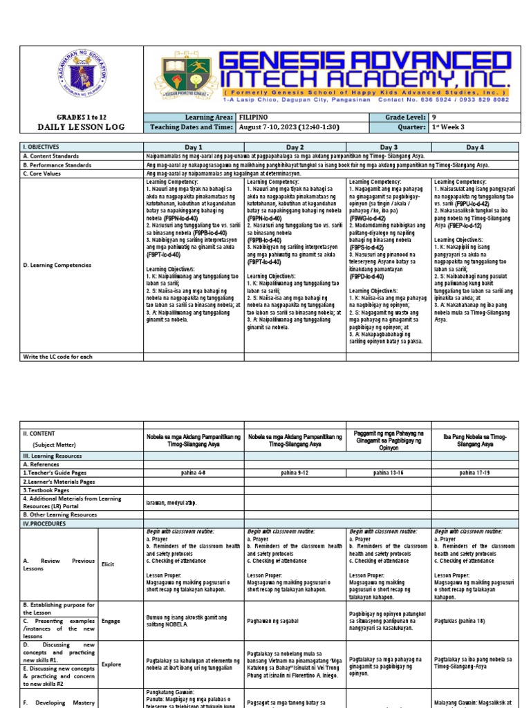 DLL Filipino 9 3rd Week Q1 | PDF