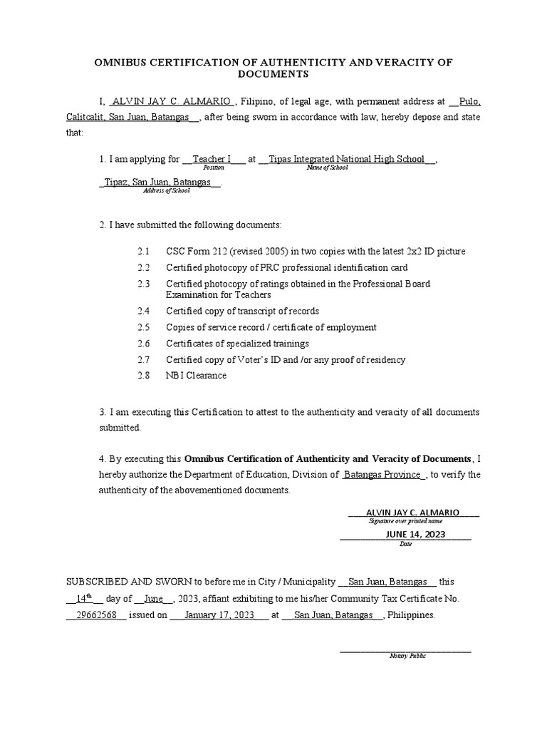 Omnibus Certification of Authenticity and Veracity of Documents | Download Free PDF ...