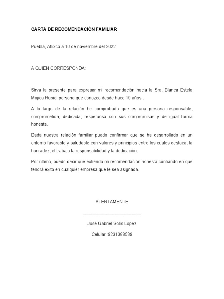 Carta de Recomendaciòn Familiar | PDF