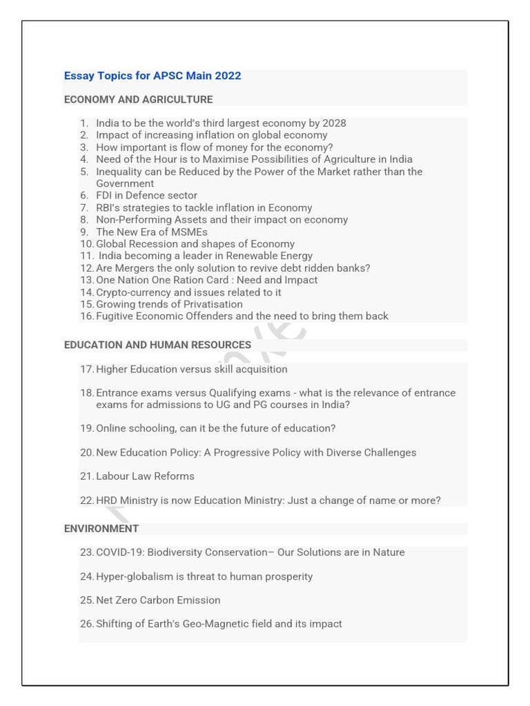 100 Essay Topics For APSC Main | PDF