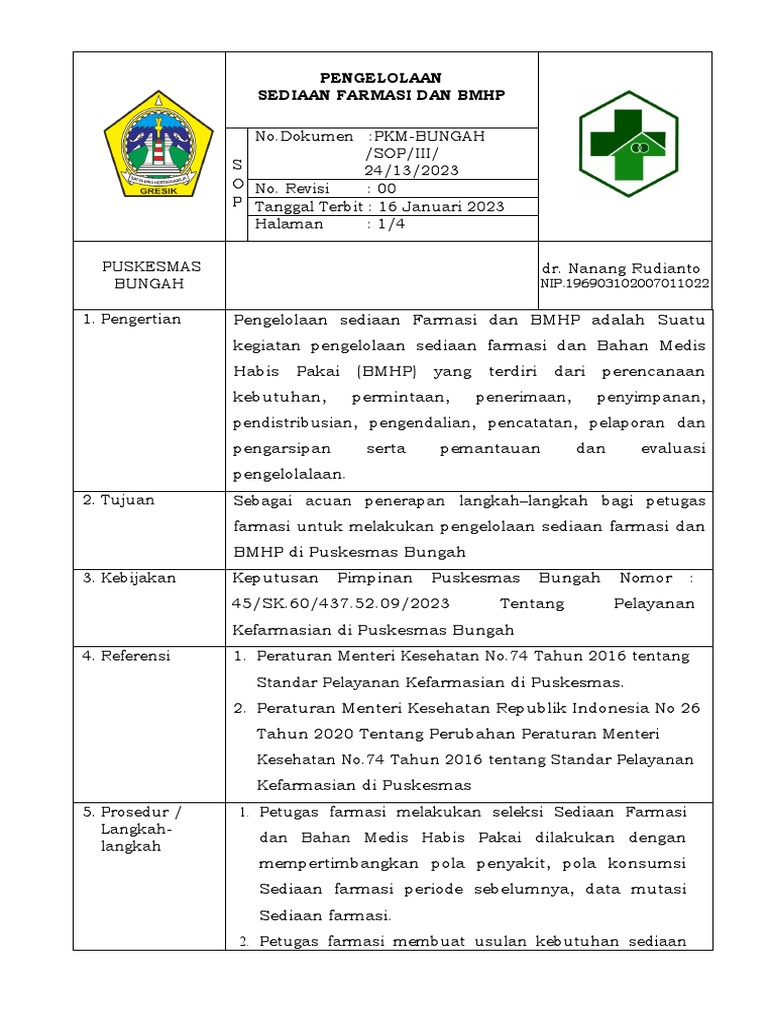 Sop Pengelolaan Sediaan Farmasi Dan BMHP | PDF