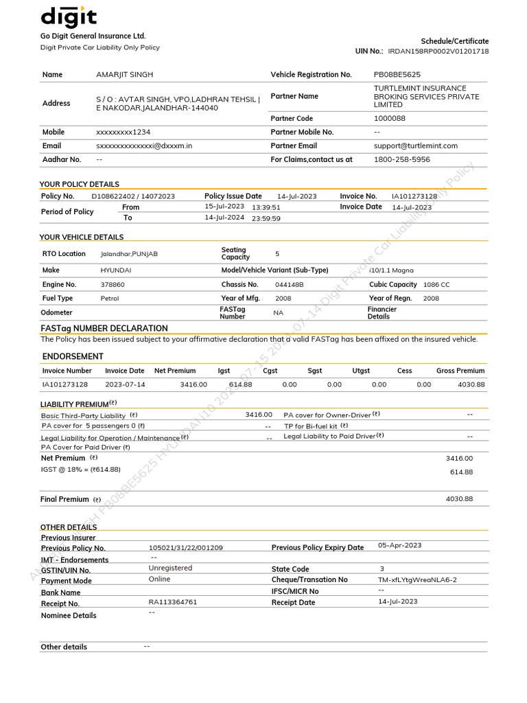 Digit Car Insurance Policy Details | PDF