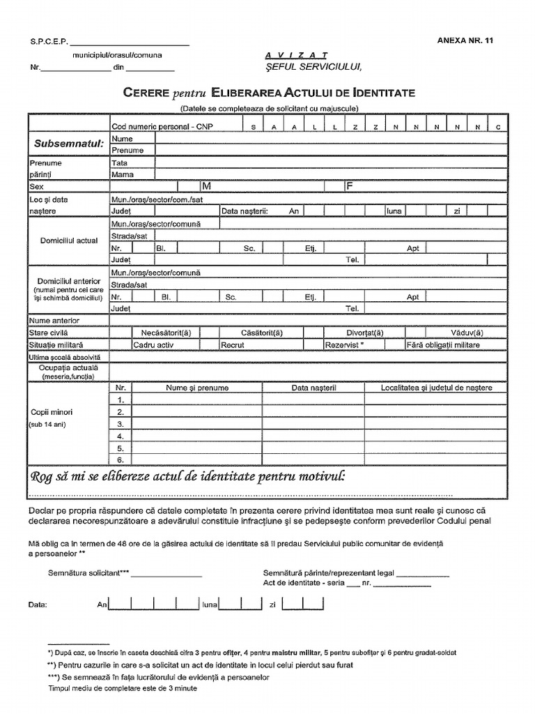 Anexa 11 - Cerere Pentru Eliberarea Actului de Identitate | PDF