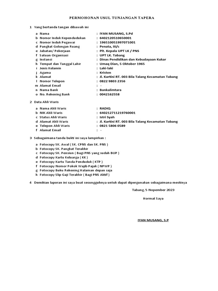 Formulir Tapera Pns | PDF